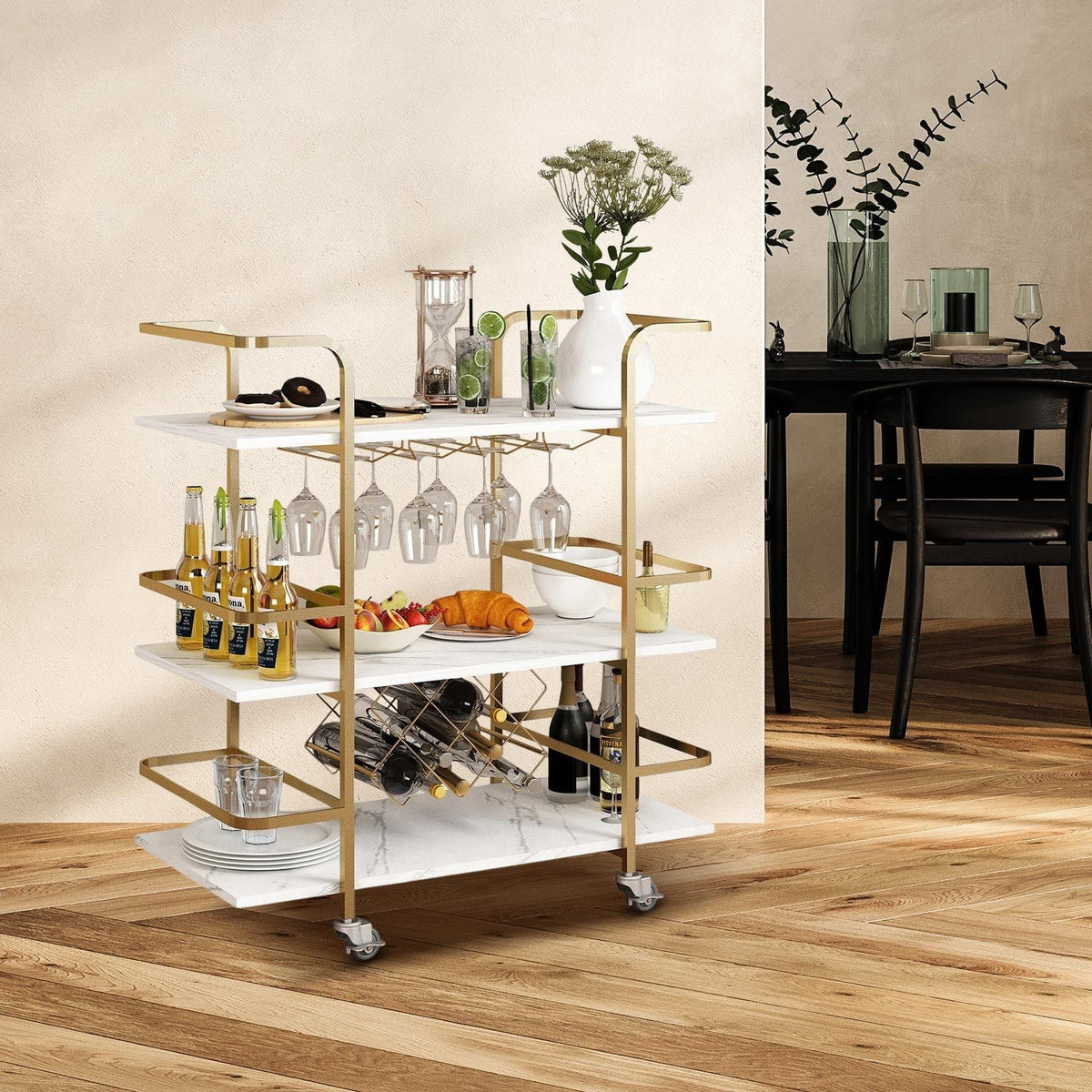Bar Cart Home Bar Serving Cart 3 Tier Mobile Bar Cart with Wine Bottle ...