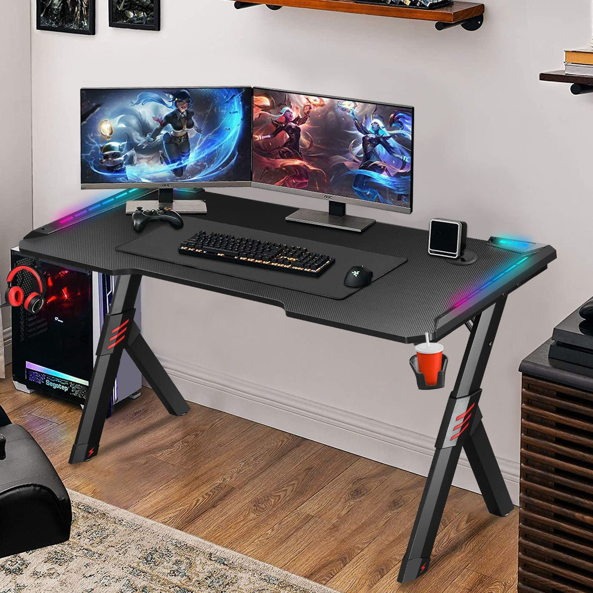 Gaming Desk with Led Light Computer Desk Home Office Workstation Racer ...
