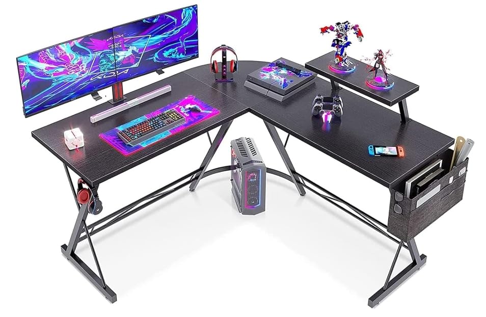 Gaming desk l shaped with Monitor stand & Storage bag, Metal legs, Rou ...
