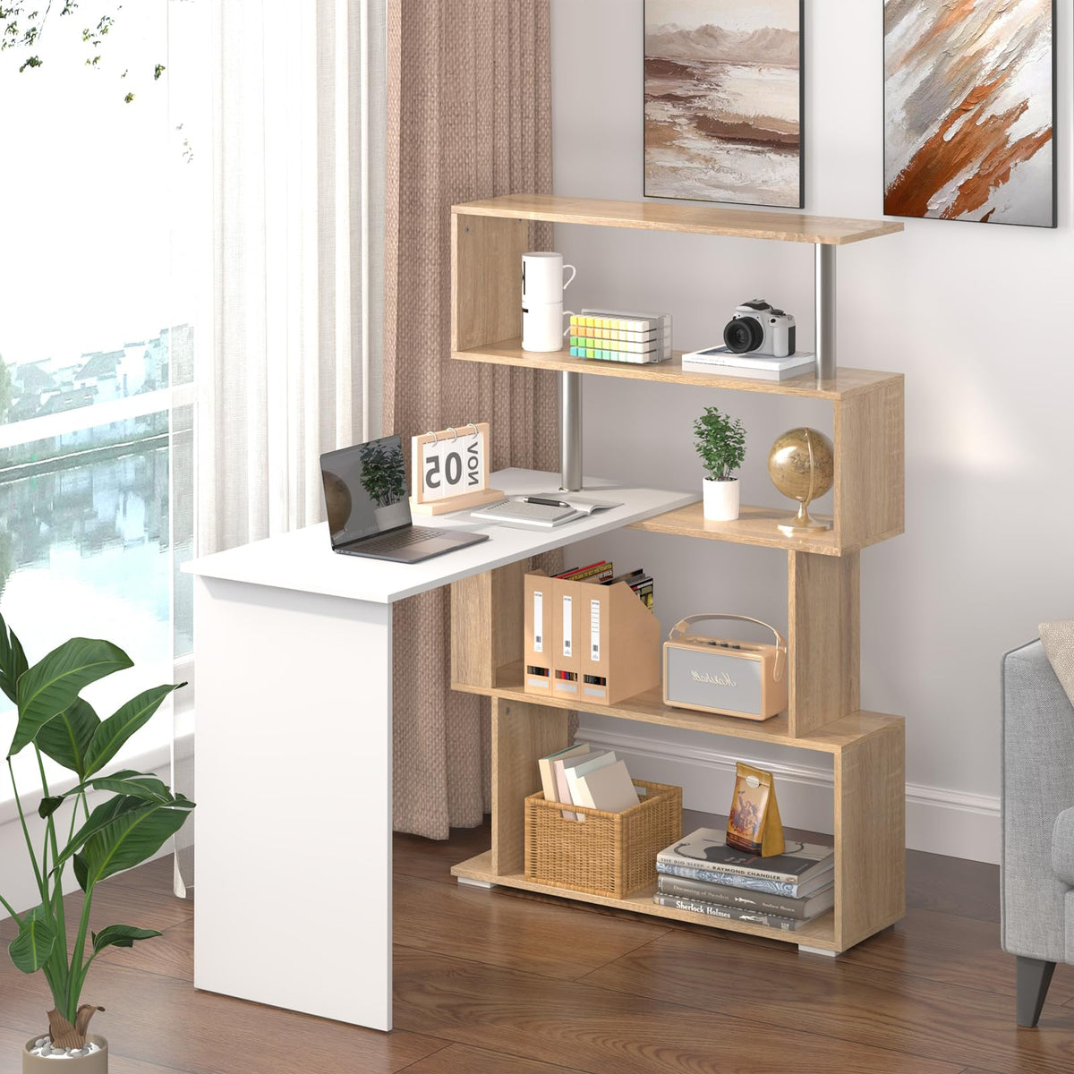 Office Desk Rotating Desk, Wooden Study Desk Table with Storage Shelve ...