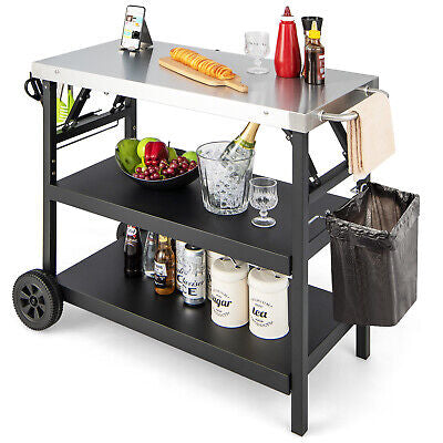 3-tier Mobile Food Prep Cart Table Outdoor Dining Cart w/Adjustable Sh ...