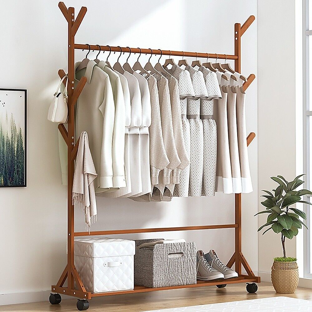 Portable Clothes Rack Coat Garment Stand Bamboo Rail Hanger Airer Clos ...